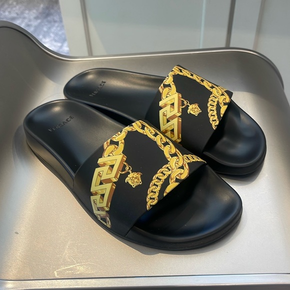 Versace | Shoes | Versace Black La Greca Chain Link Slide 388 | Poshmark